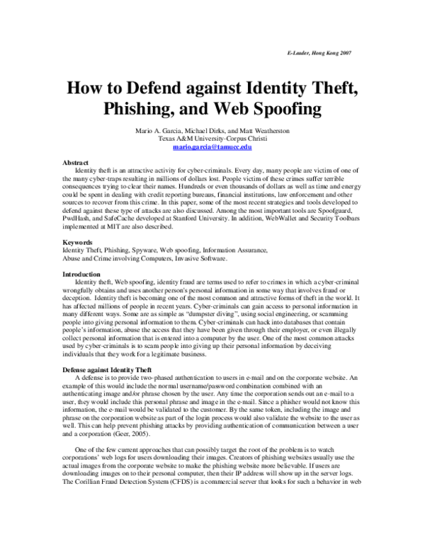 (PDF) How to Defend against Identity Theft, Phishing, and Web Spoofing