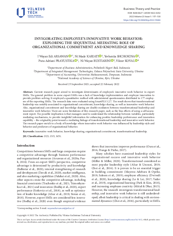 (PDF) Invigorating Employee’s Innovative Work Behavior: Exploring the Sequential Mediating Role ...