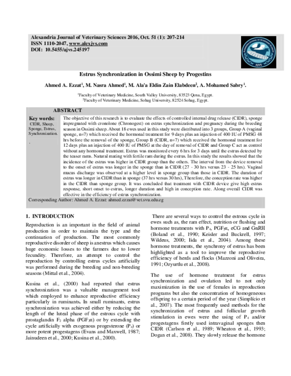 (PDF) Progestins Protocols For Inducing Estrus Synchronization In Breeding Season In Ossimi Sheep