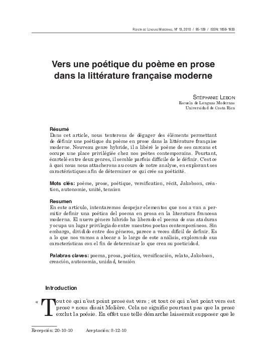 (PDF) Vers une poétique du poème en prose dans la littérature française ...