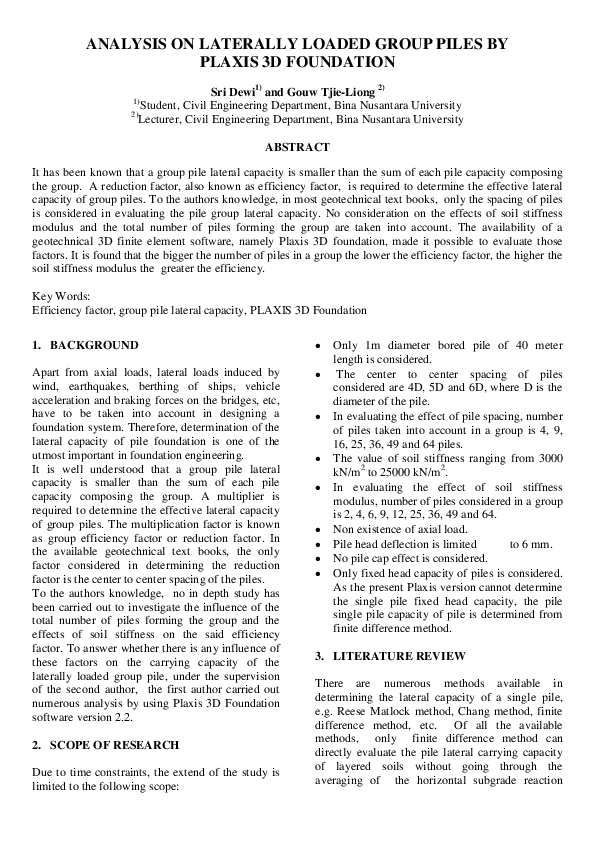 (PDF) Analysis on Laterally Loaded Group Piles by Plaxis 3D Foundation