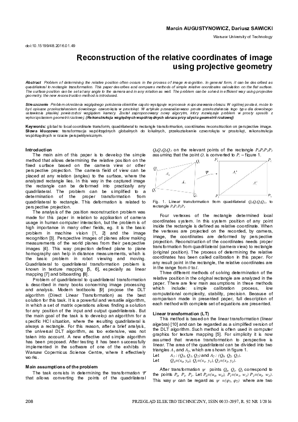 Pdf Reconstruction Of The Relative Coordinates Of Image Using Projective Geometry