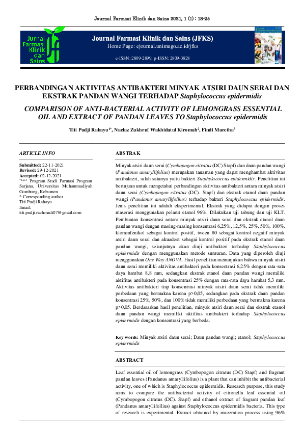 (PDF) Perbandingan Aktivitas Antibakteri Minyak Atsiri Daun Serai Dan ...