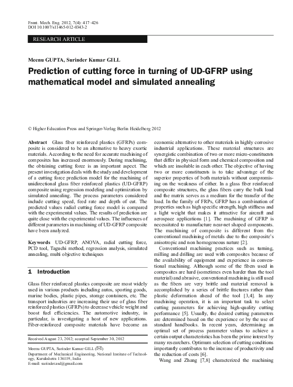 Pdf Prediction Of Cutting Force In Turning Of Ud Gfrp Using Mathematical Model And Simulated