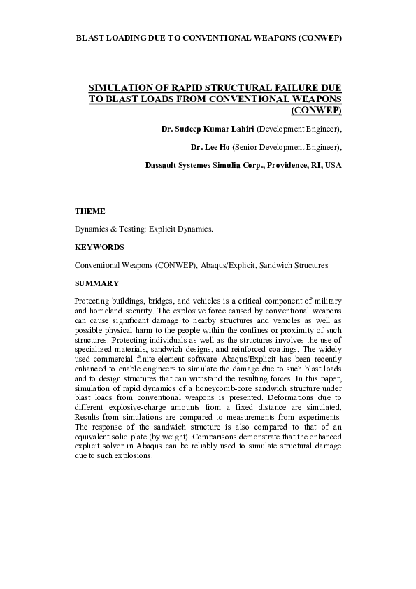 (PDF) BLAST LOADING DUE TO CONVENTIONAL WEAPONS ( CONWEP ) SIMULATION ...