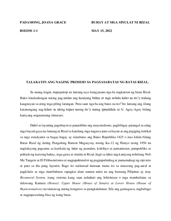 (PDF) ANG NAGING PROSESO SA PAGSASABATAS NG BATAS RIZAL.