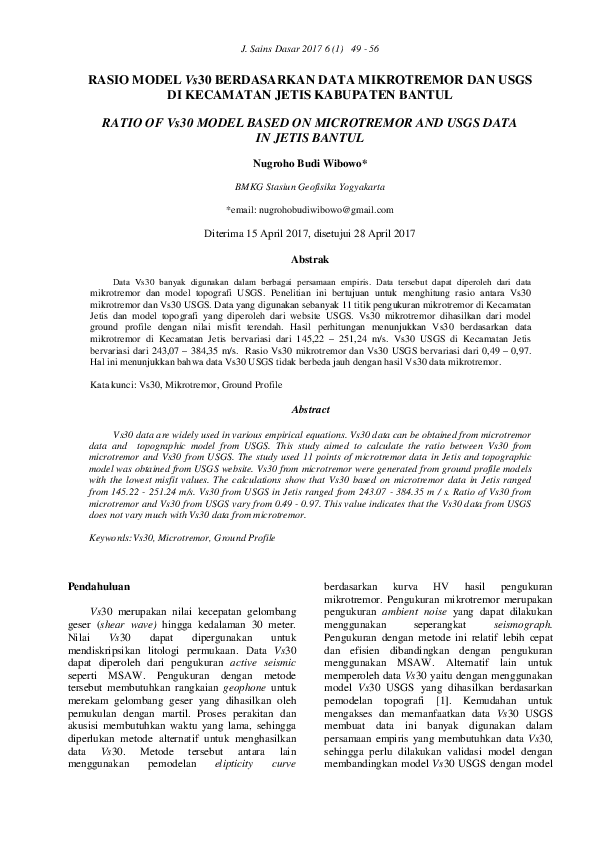 (PDF) RASIO MODEL Vs30 BERDASARKAN DATA MIKROTREMOR DAN USGS DI ...