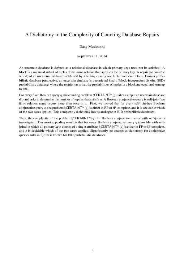 (PDF) A dichotomy in the complexity of counting database repairs