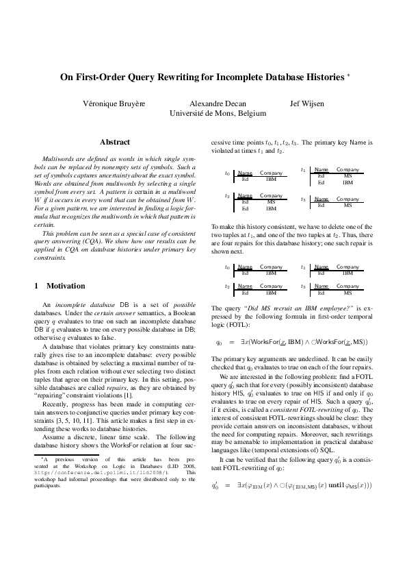 Pdf On First Order Query Rewriting For Incomplete Database Histories