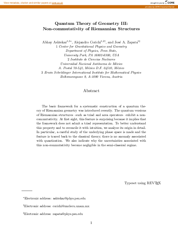 (PDF) Quantum Theory of Geometry; 3, Non-commutativity of Riemannian ...