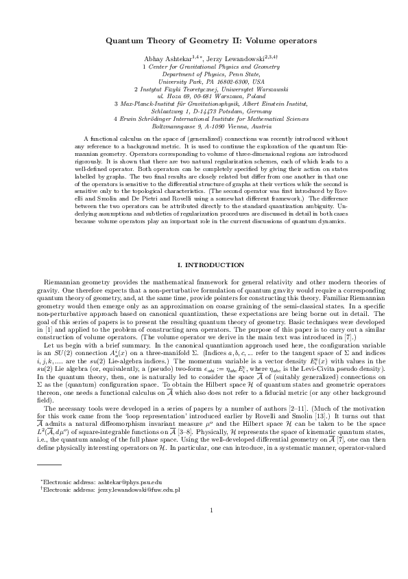 (PDF) Volume Operators in Quantum Geometry