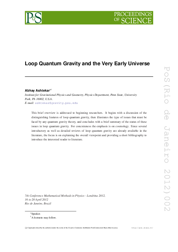 (PDF) Loop quantum gravity and the very early universe