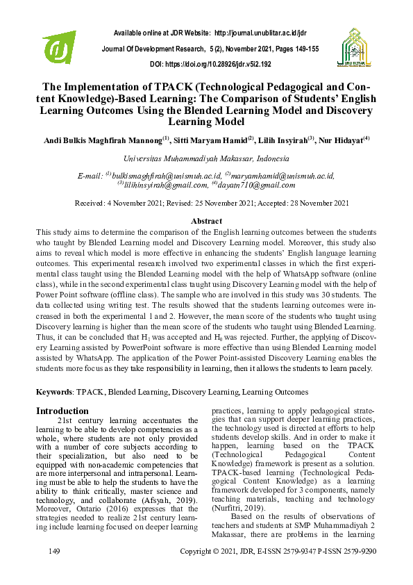 (PDF) The Implementation of TPACK (Technological Pedagogical and Content Knowledge)-Based ...