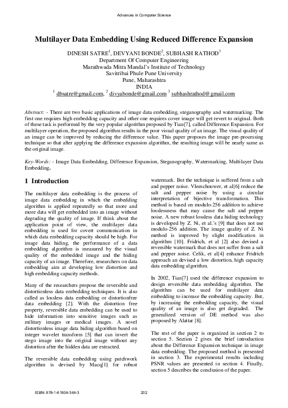 Pdf Multilayer Data Embedding Using Reduced Difference Expansion