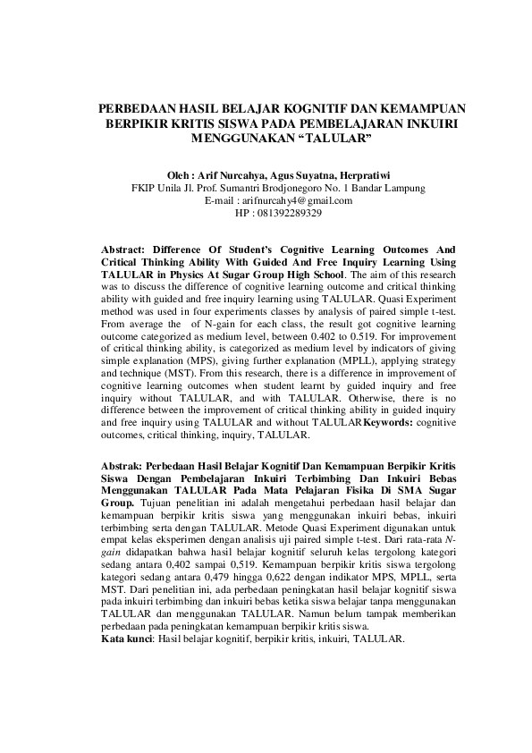 (PDF) Perbedaan Hasil Belajar Kognitif Dan Kemampuan Berpikir Kritis Siswa Dengan Pembelajaran ...