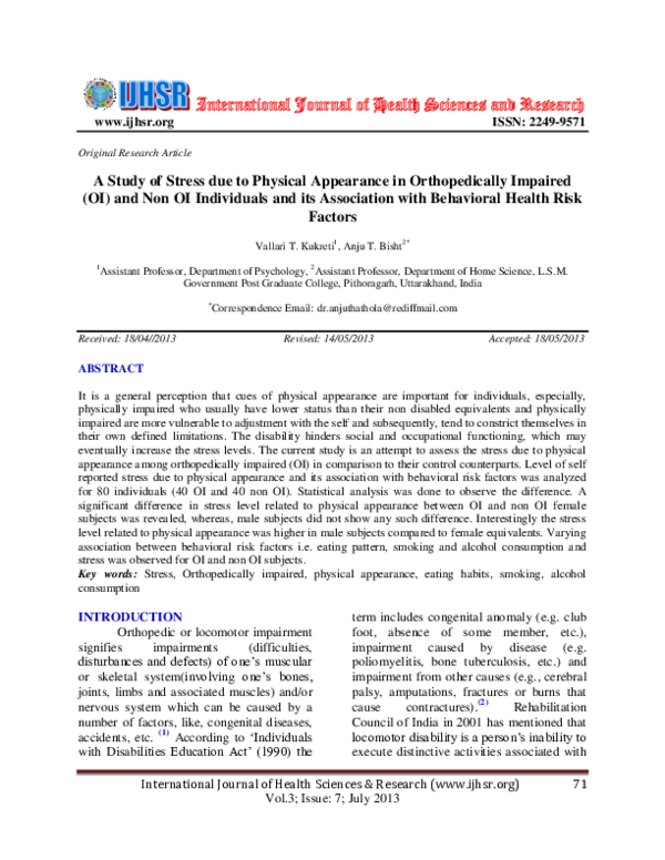 (PDF) A Study of Stress due to Physical Appearance in Orthopedically ...