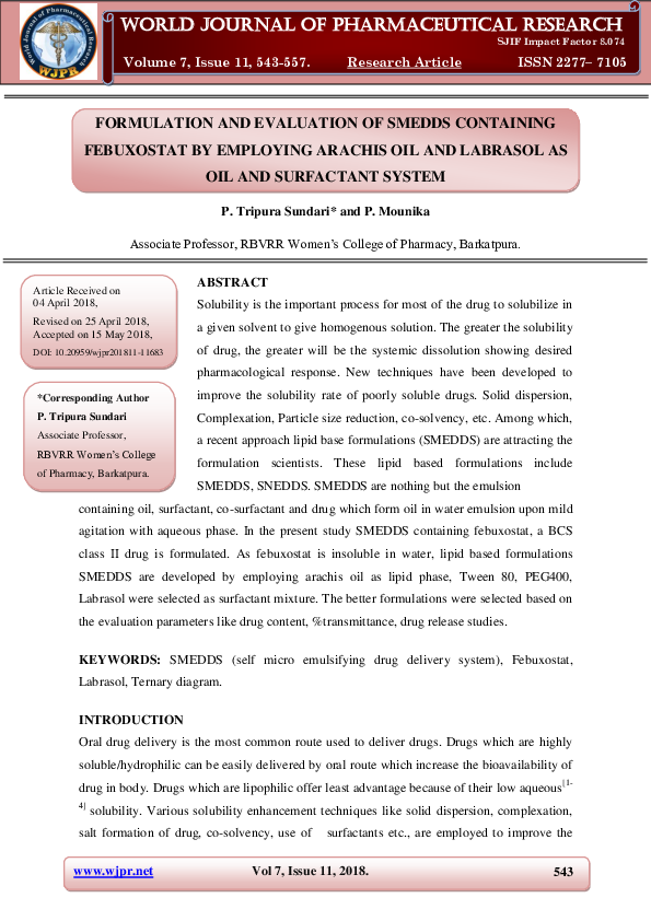 (PDF) FORMULATION AND EVALUATION OF SMEDDS CONTAINING FEBUXOSTAT BY ...