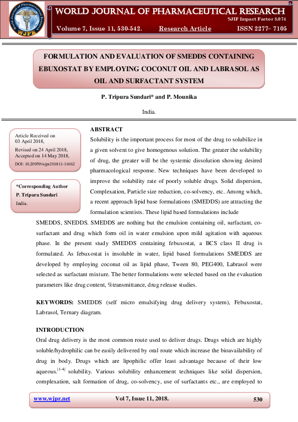 (PDF) FORMULATION AND EVALUATION OF SMEDDS CONTAINING EBUXOSTAT BY ...