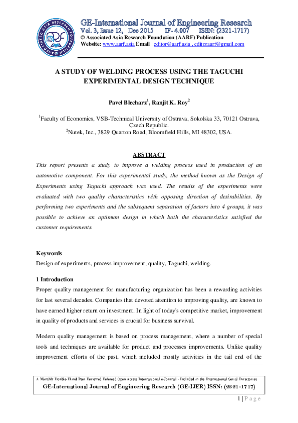 (PDF) A Study of Welding Process Using the Taguchi Experimental Design ...