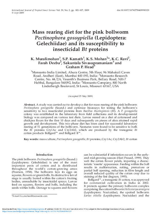 (PDF) Mass rearing diet for the pink bollworm Pectinophora gossypiella ...