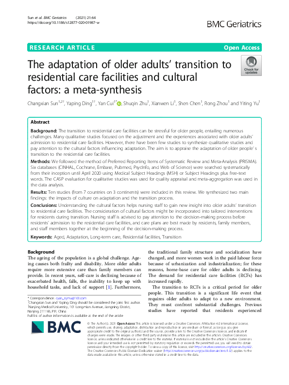 (PDF) The adaptation of older adults’ transition to residential care ...