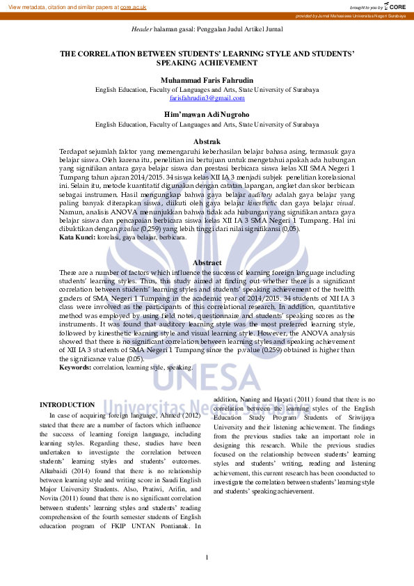 (PDF) The Correlation Between Students’ Learning Style and Students’ Speaking Achievement
