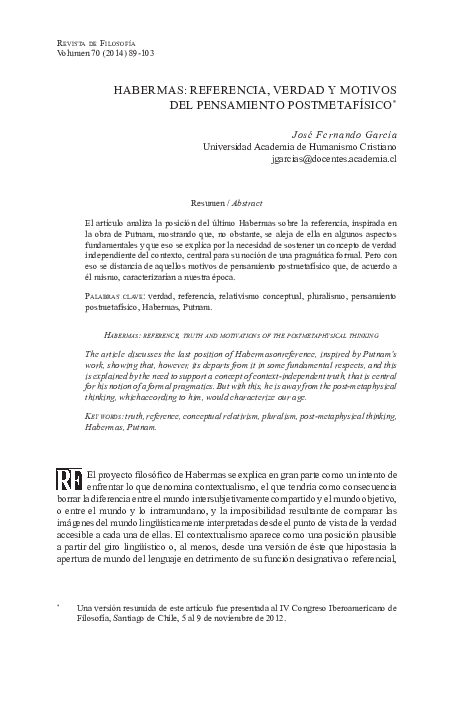 (PDF) Habermas: referencia, verdad y motivos del pensamiento postmetafísico