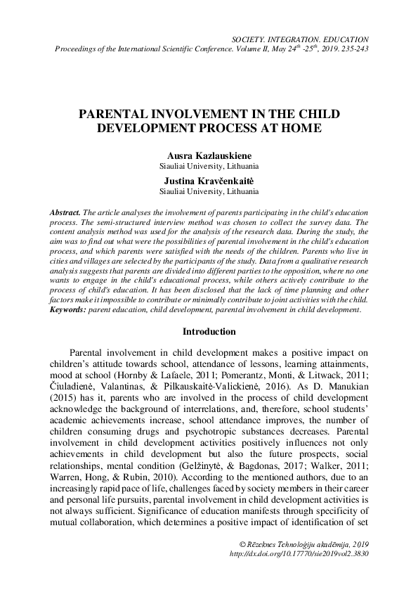 (PDF) Parental Involvement in the Child Development Process at Home