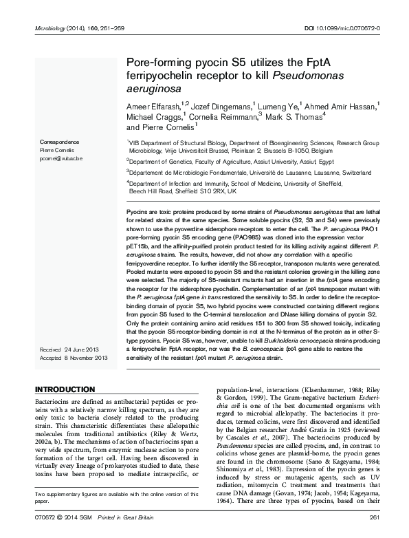 (PDF) Pore-forming pyocin S5 utilizes the FptA ferripyochelin receptor ...