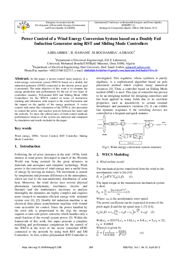 (PDF) Power Control of a Wind Energy Conversion System based on a Doubly Fed Induction Generator ...