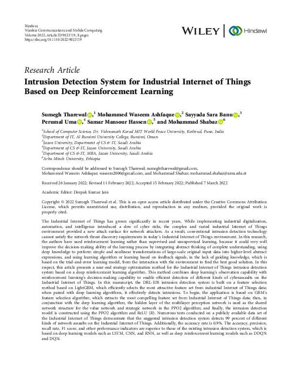 (PDF) Intrusion Detection System for Industrial Internet of Things Based on Deep Reinforcement ...