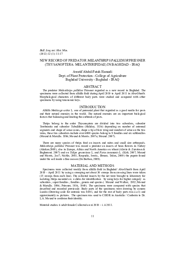 (PDF) New Record of Predator Melanthrips Pallidior Priesner ...