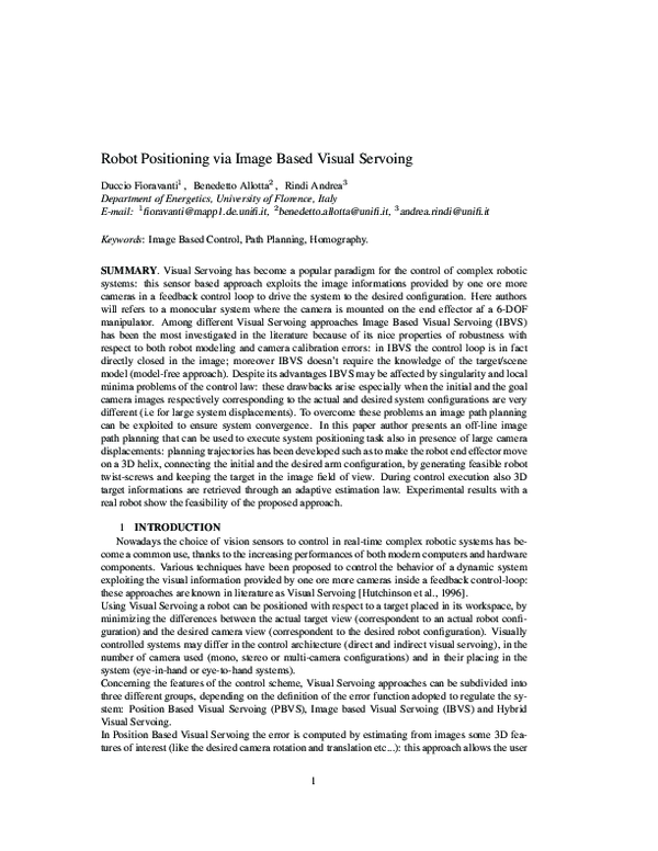 Pdf Robot Positioning Via Image Based Visual Servoing