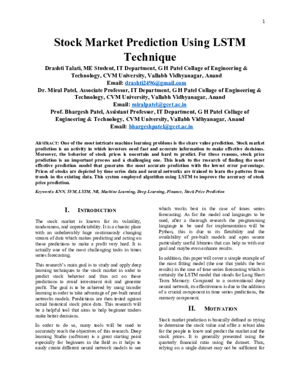 (DOC) Stock Market Prediction Using LSTM Technique