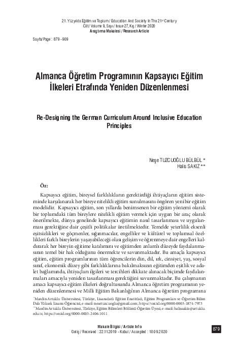 (PDF) Almanca Ogretim Programinin Kapsayici Egitim Ilkeleri Etrafinda Yeniden Duzenlenmesi