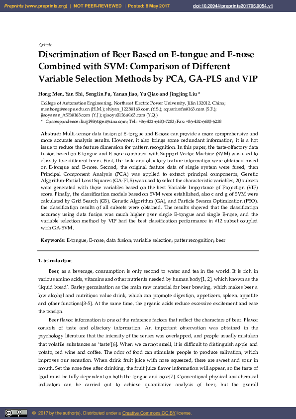 (PDF) Discrimination of Beer Based on E-tongue and E-nose Combined with SVM: Comparison of ...