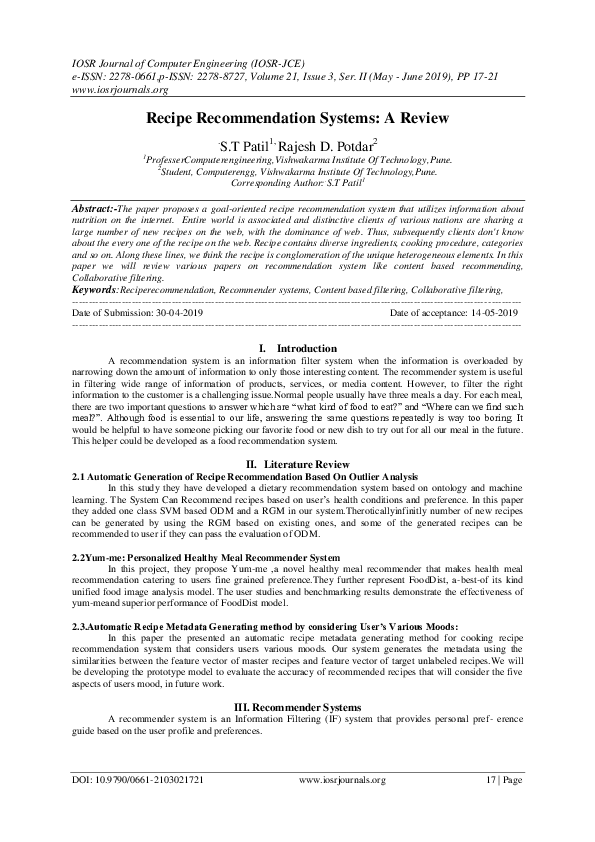 (PDF) Recipe Recommendation Systems: A Review | Rajesh Potdar ...