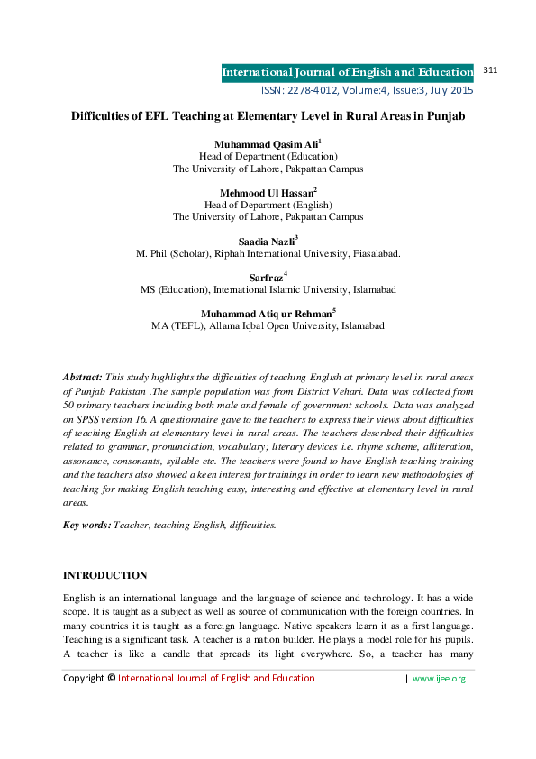 (PDF) Difficulties of EFL Teaching at Elementary Level in Rural Areas ...