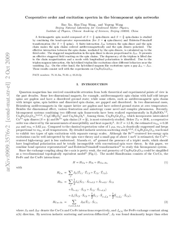 (PDF) Cooperative order and excitation spectra in the bicomponent spin ...