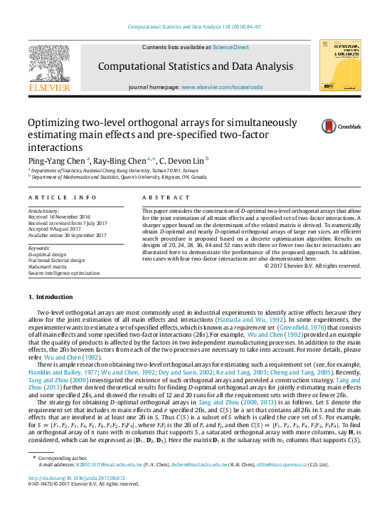 (PDF) Optimizing two-level orthogonal arrays for simultaneously estimating main effects and pre ...