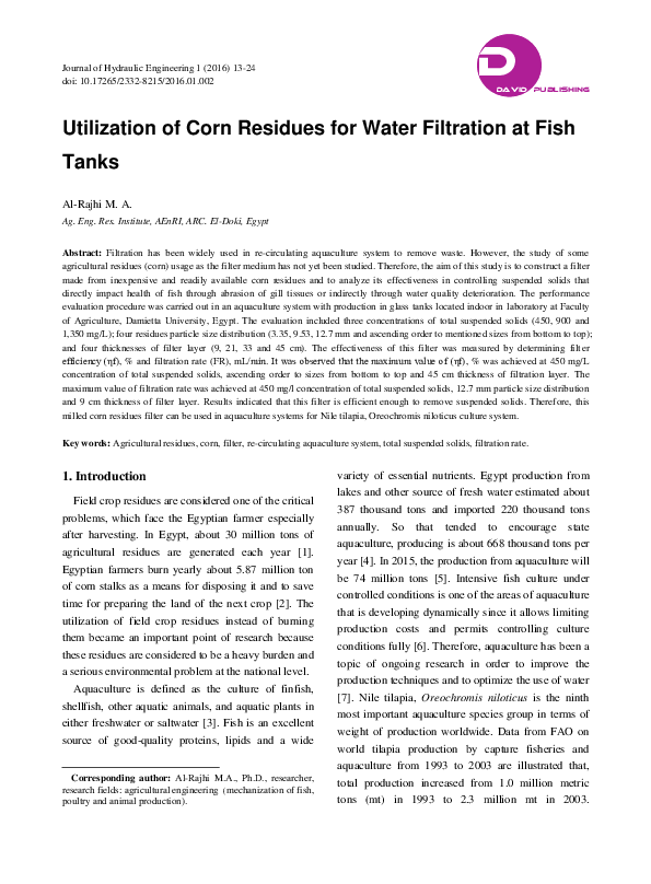 (PDF) Utilization of Corn Residues for Water Filtration at Fish Tanks