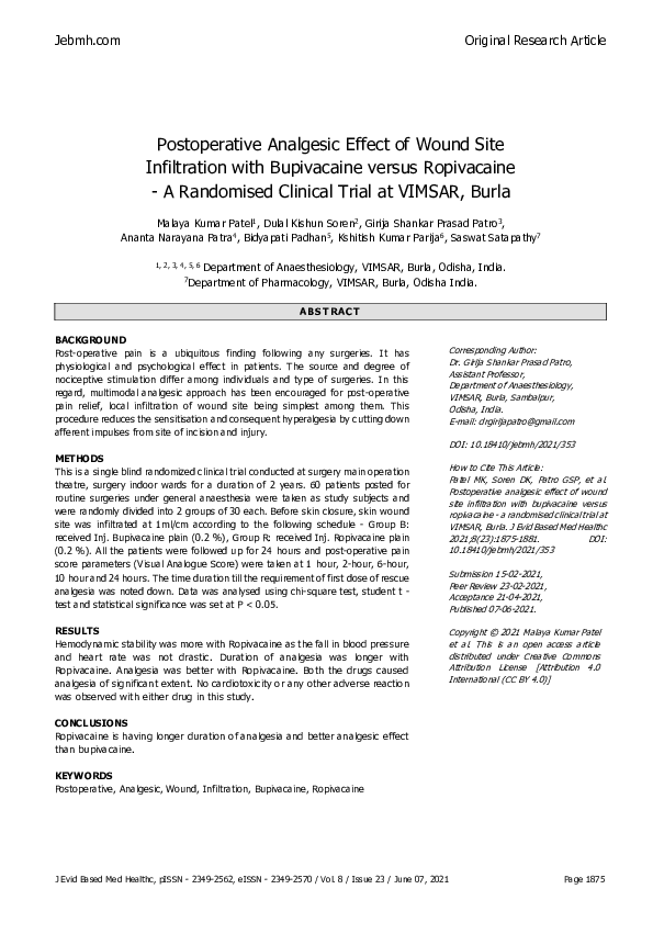 (PDF) Postoperative Analgesic Effect of Wound Site Infiltration with ...