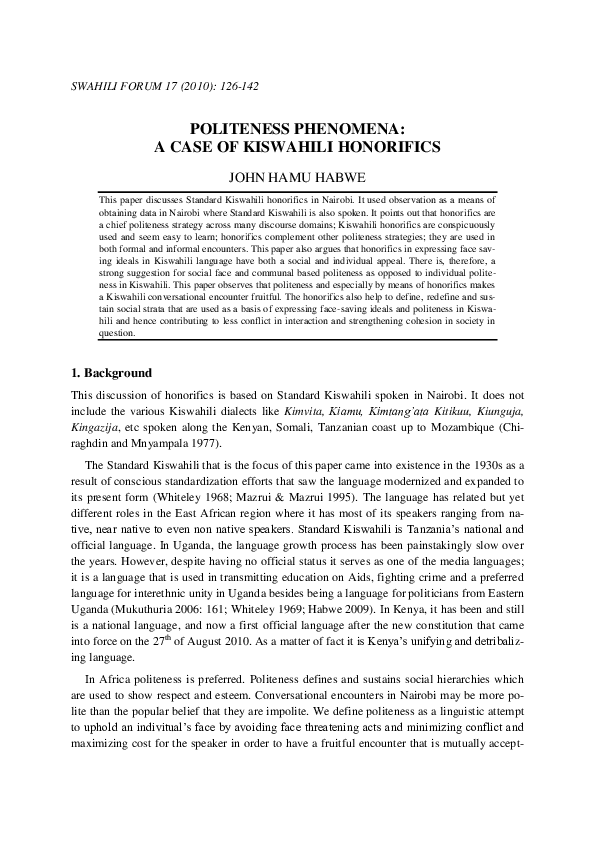 (PDF) Politeness Phenomena: A Case of Kiswahili Honorifics