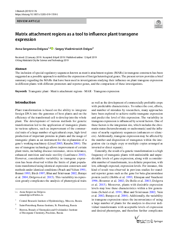 (PDF) Matrix attachment regions as a tool to influence plant transgene ...