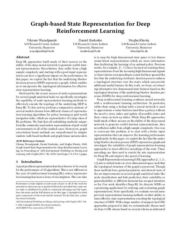 Pdf Graph Based State Representation For Deep Reinforcement Learning