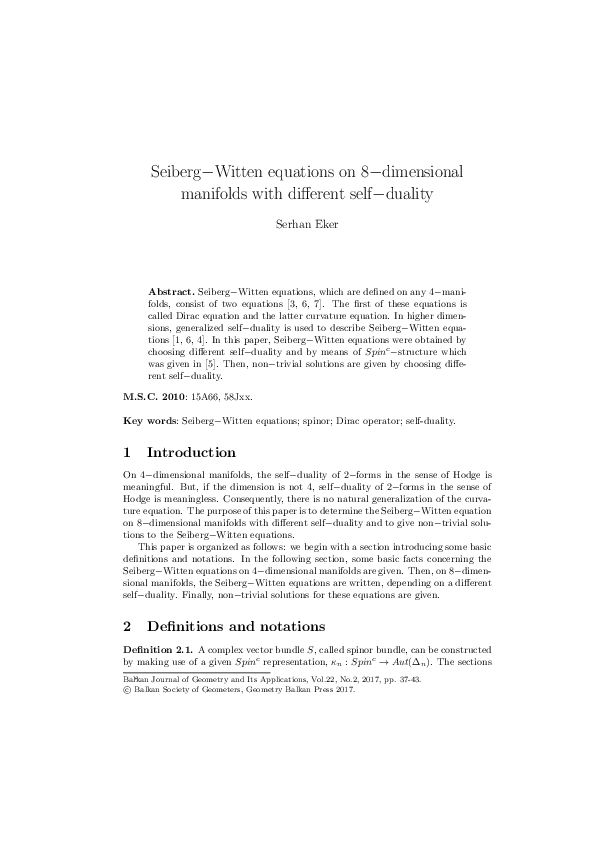 (PDF) Seiberg–Witten Equations on 8-DIMENSIONAL Manifolds with SU(4 ...