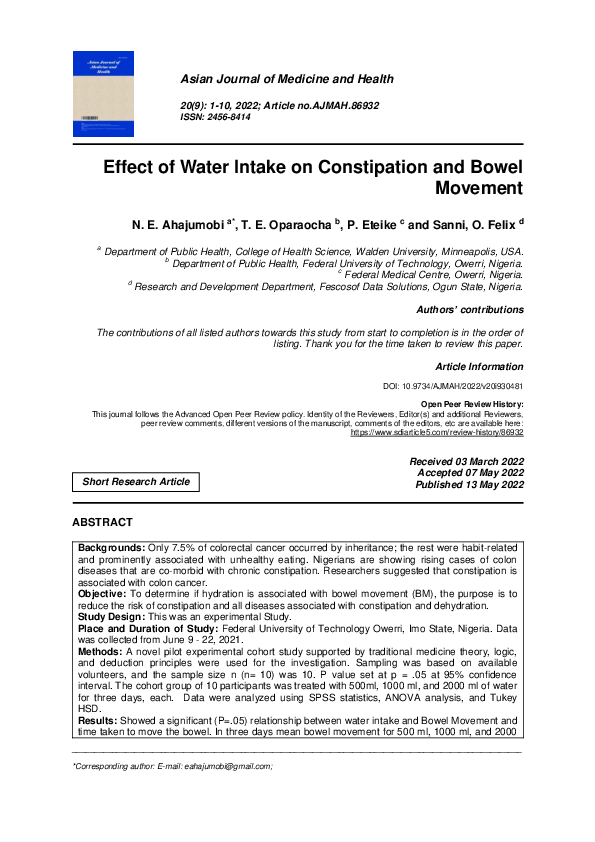 (PDF) Effect of Water Intake on Constipation and Bowel Movement