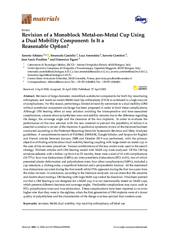 (PDF) Revision of a Monoblock Metal-on-Metal Cup Using a Dual Mobility ...