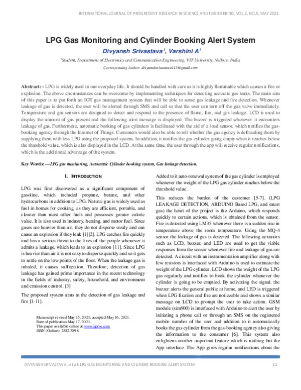 (PDF) LPG Gas Monitoring and Cylinder Booking Alert System