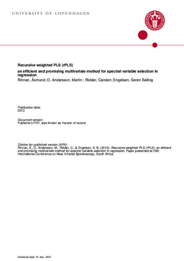 Pdf Recursive Weighted Pls Rpls An Efficient And Promising Multivariate Method For Spectral